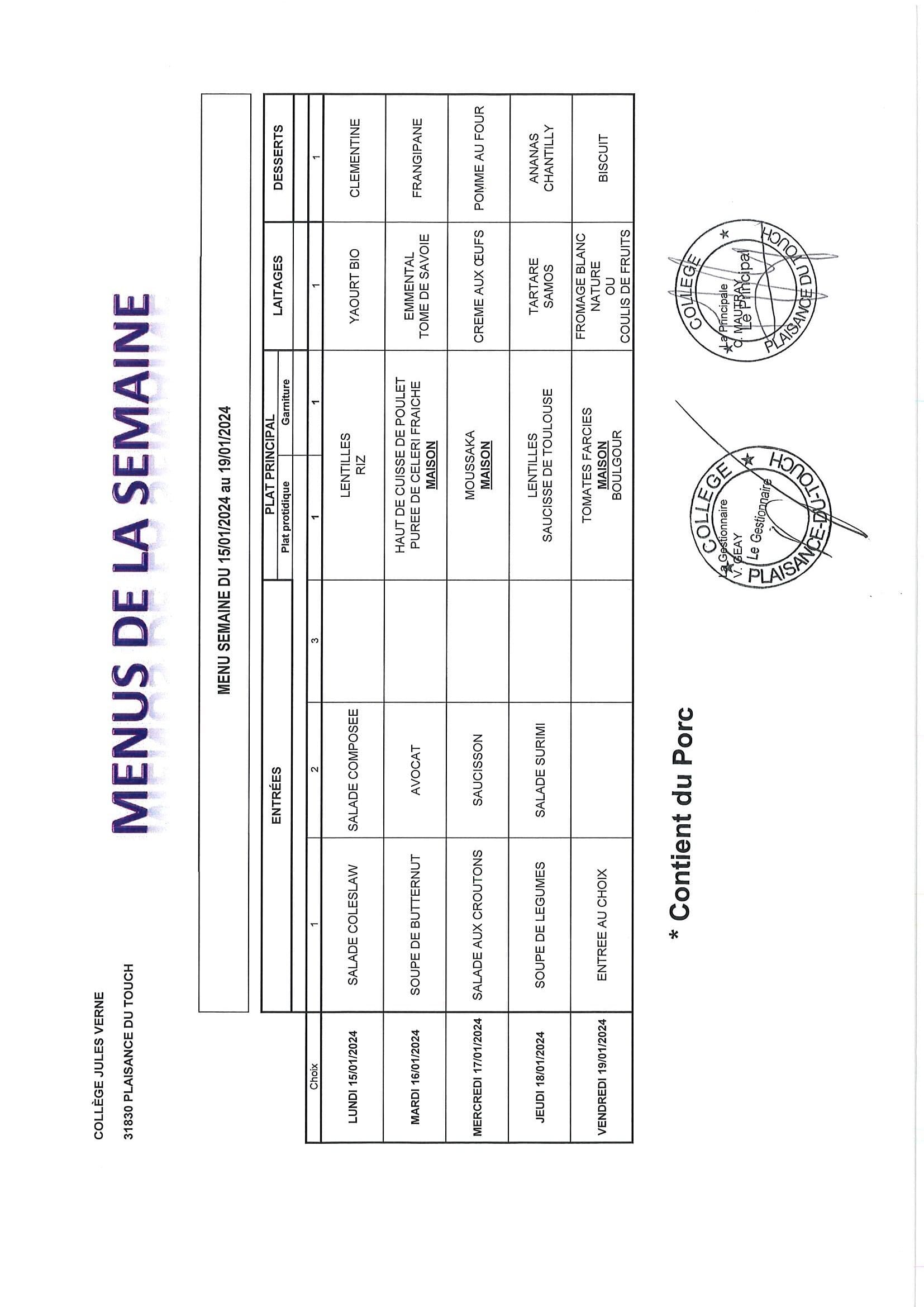 MENUS DU 15 JANVIER AU 18 JANVIER 2024 - 🍽️ Menu de la cantine - Jules Verne de Plaisance du Touch